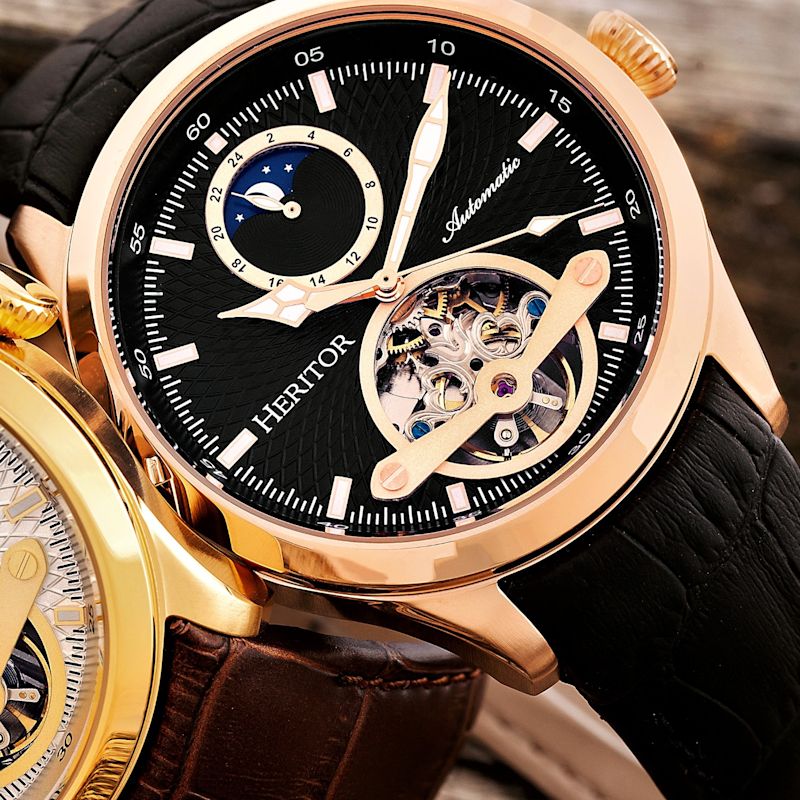 Gregory Semi-Skeleton Leather-Band Watch with Moon Phase - Black, Rose ...