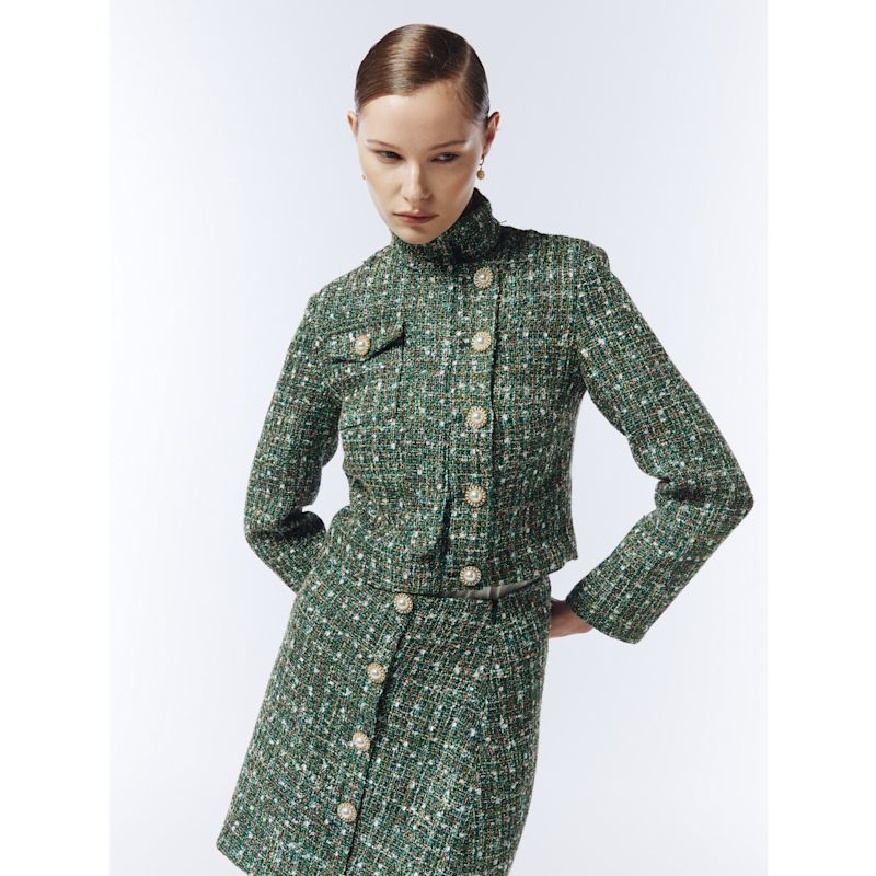 High-Neck Metallic Thread Bouclé Tweed Jacket In Emerald Green | SOUR ...