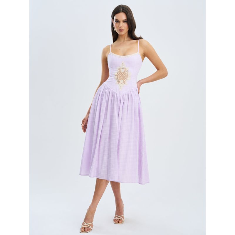 Jaclyn Lavender Lace Trim Cutout Seersucker Midi Dress | Miss Circle ...