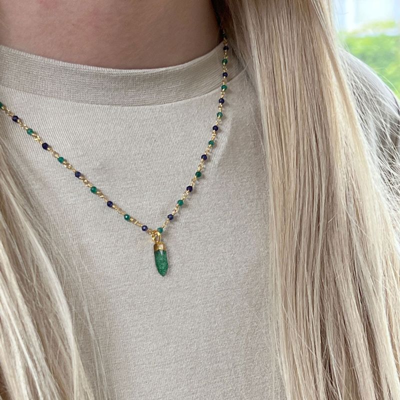 Jade Mini Point Pendant On Emerald & Sapphire Rosary | Mirabelle ...