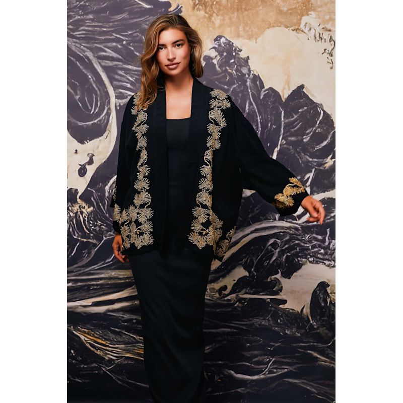 Japanese Pine Needle Embroidered Black & Gold Fully Lined Short Kimono ...