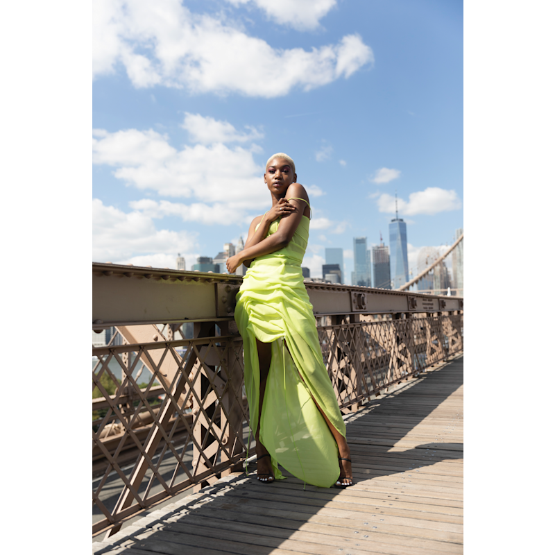 Green Sheer Silk Ruched Bungee Dress | Formula S7 | Wolf & Badger