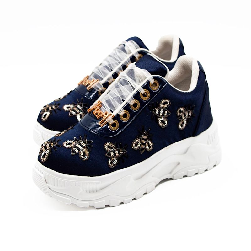 Kennedy Luxury Navy Satin Handmade Embellished Trainer | RETTROSE ...