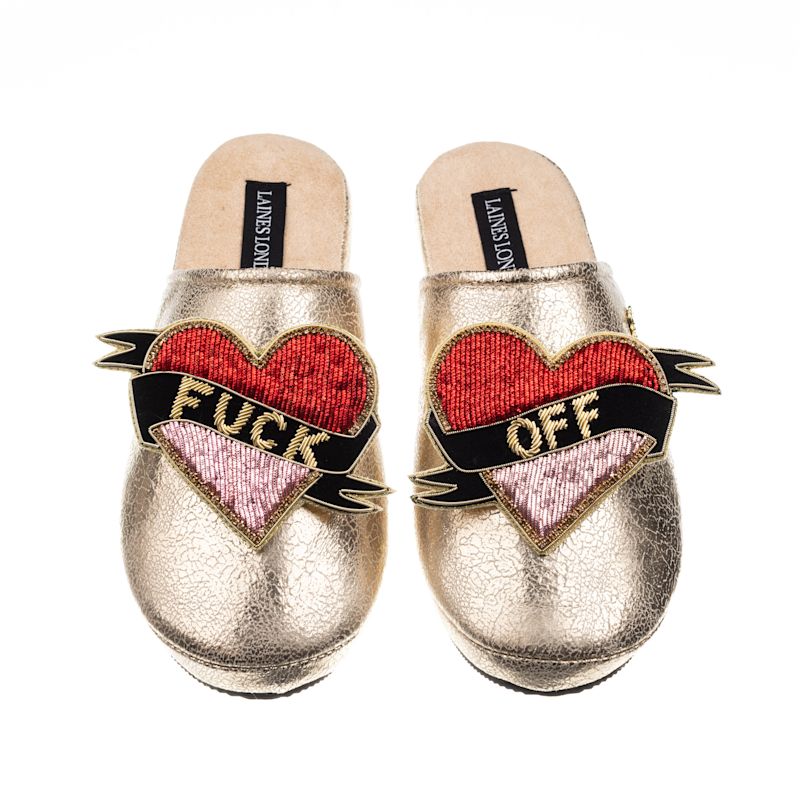 Laines London Gold Softie Slippers With Fuck Off Brooches | LAINES ...