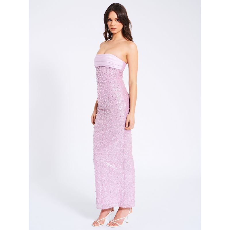 Lainey Purple Satin Sequin Pearls Beaded Maxi Dress | Miss Circle New York | Wolf & Badger
