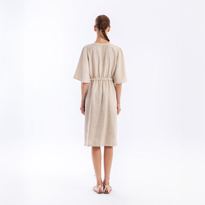 Linen Button Front Dress With Elastic Waist Beach Sand | Haris Cotton ...
