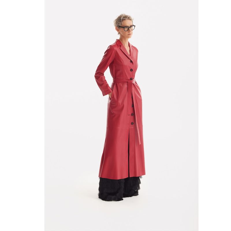 Long Button-Up Eco-Leather Trench Red | Julia Allert | Wolf & Badger