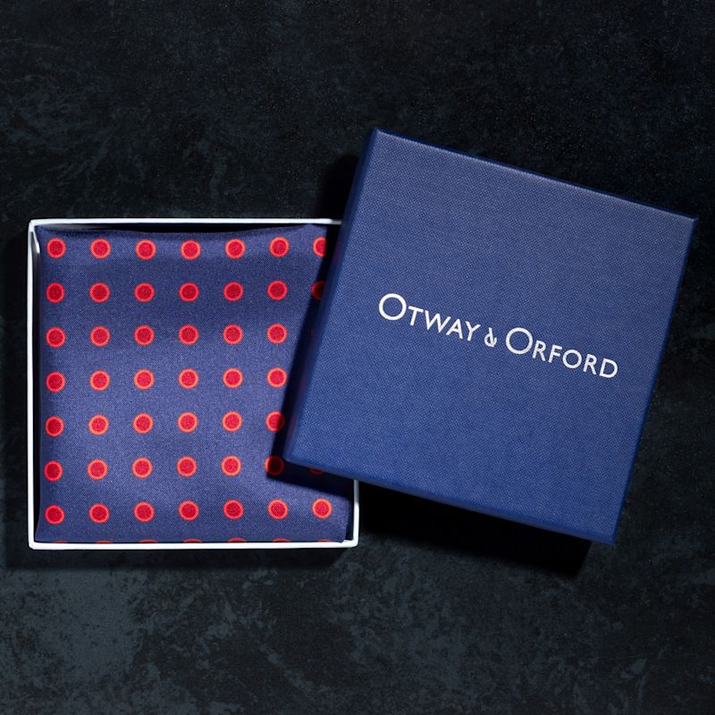 'Luna' Polka Dot Silk Pocket Square In Blue & Red. Full-Size. | Otway ...