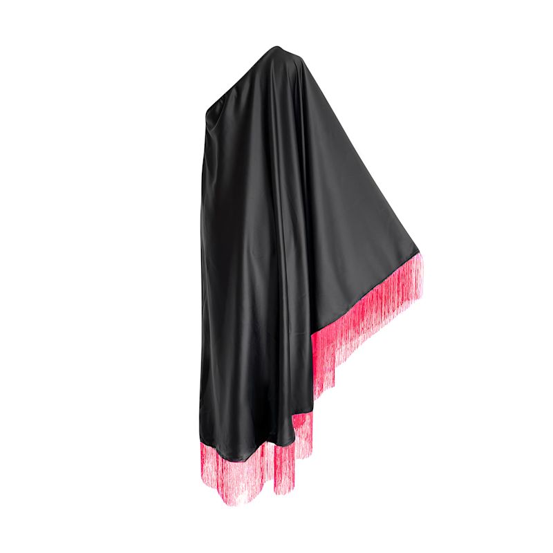 Neon Pink Fringe Off Shoulder Midi Black Dress | TOMA | Wolf & Badger