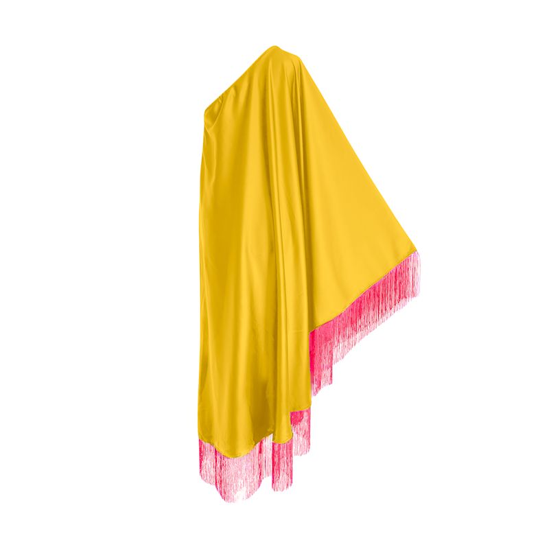Neon Pink Fringe Off Shoulder Yellow Midi Dress | TOMA | Wolf & Badger