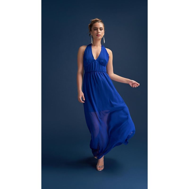 Odette Halter Semi Sheer T-Back Full Length Dress In Cobalt Blue | Deer ...