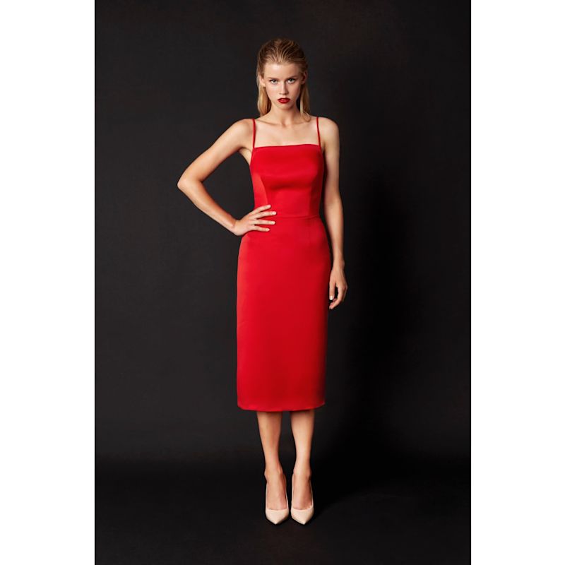 Ora Red Crepe Satin Midi Dress With Straps | Nomi Fame | Wolf & Badger