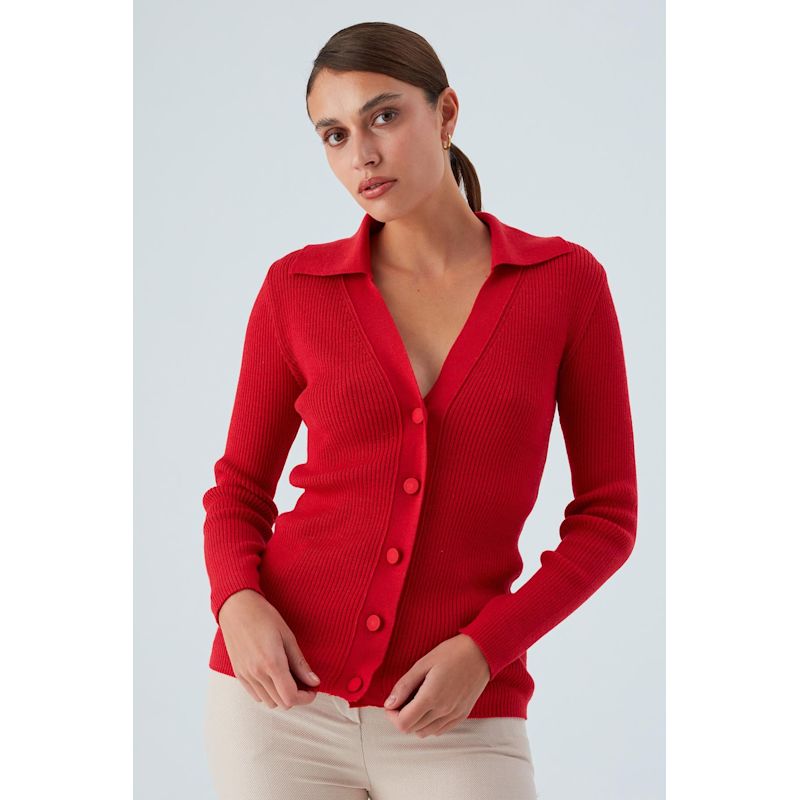 Polo V-Neck Ribbed Knit Cardigan - Red | Peraluna | Wolf & Badger