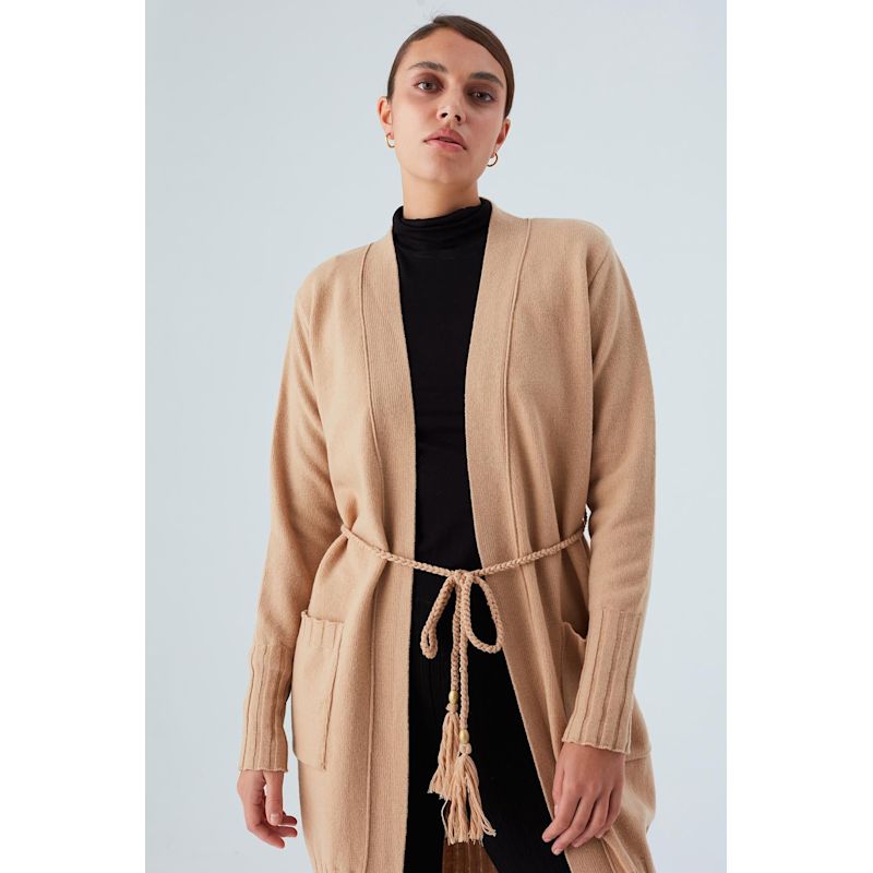 Long Knit Cardigan With Belt - Beige | Peraluna | Wolf & Badger
