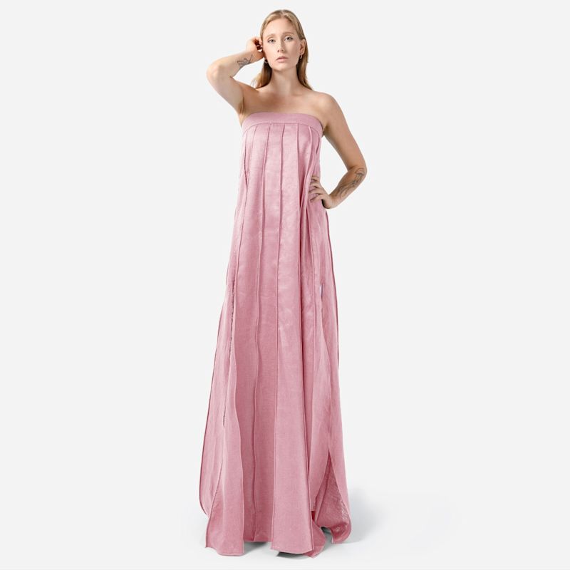 Pink Linen Maxi Dress – Designer Strapless Gown With Pleated Detail ...