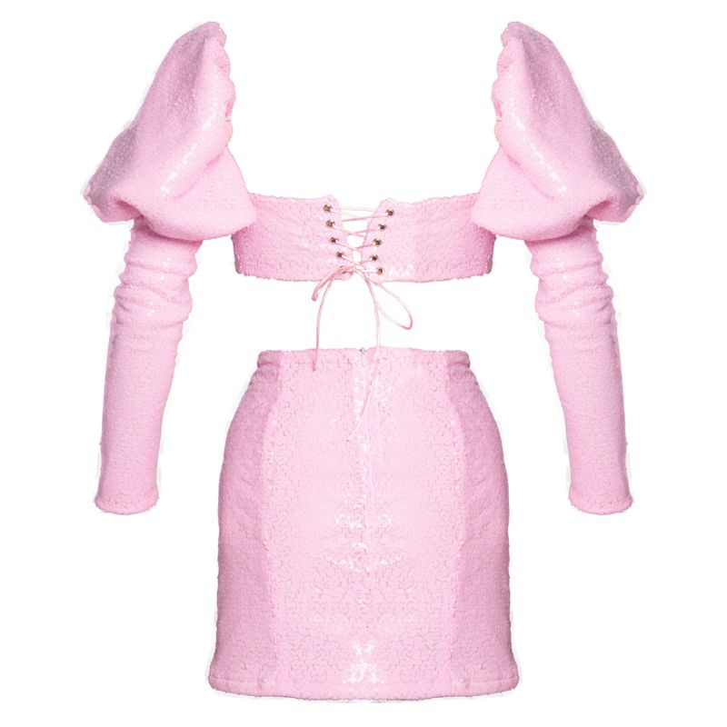 Pink Sequin Puff Sleeve Crop Top And Mini Skirt Co-Ord | Ettie | Wolf ...