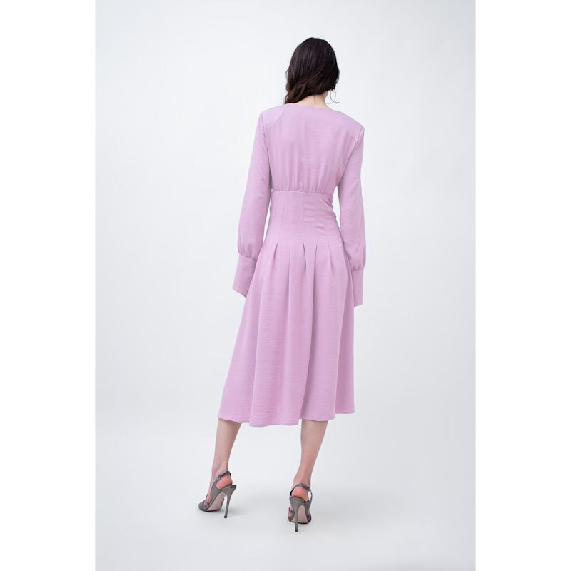 Powder Pink Midi Dress With Pleats And Asymmetrical Cut Neck | BLUZAT ...