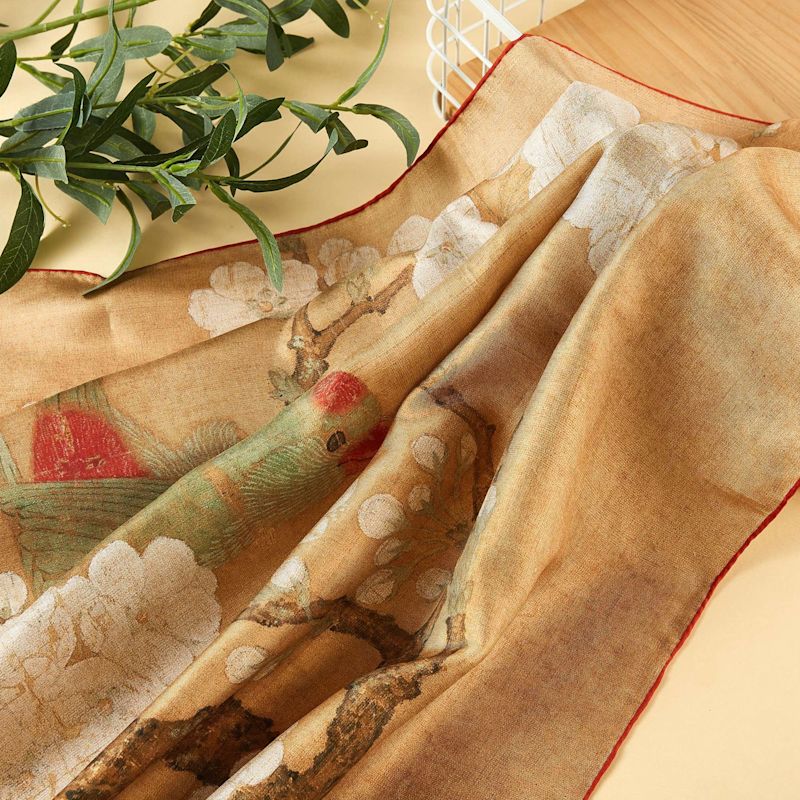 Pure Silk Scarf Painting Parrot And Insect Among Pear Blossoms | Soft ...