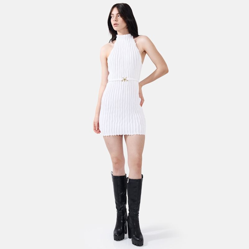 White Ribbed Knit Mini Dress – High Neck, Structured Fit | Kargede ...