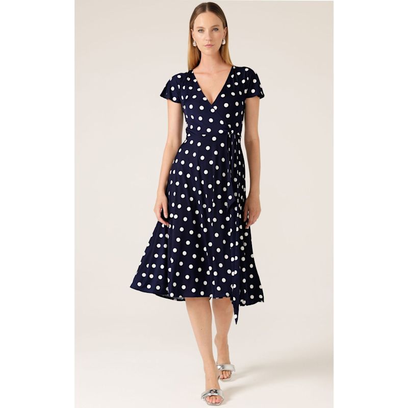 Reverse Wrap Midi Dress In Navy Spot | SACHA DRAKE | Wolf & Badger