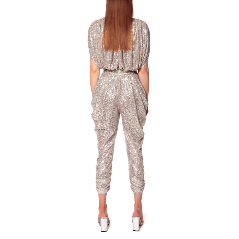 Saddie Champagne Draped Sequinned Jumpsuit | AGGI by HALEWSKI | Wolf ...