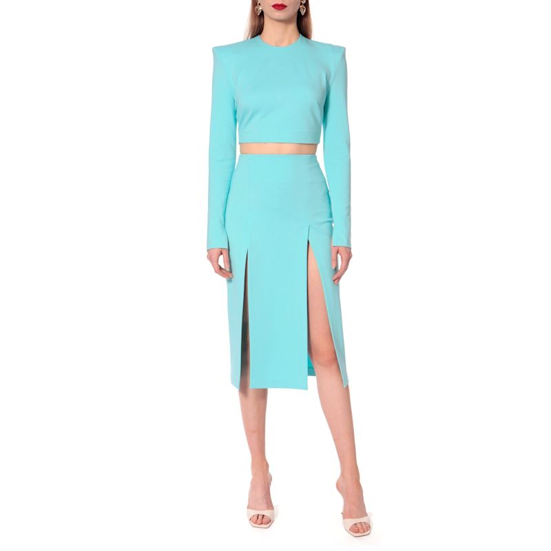 Salma Blue Radiance Midi Pencil Skirt With Slits | AGGI by HALEWSKI | Wolf & Badger