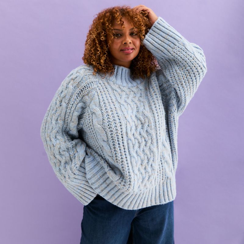 Sarah High Neck Cable Wide Sleeve Jumper - Blue | Cara & The Sky | Wolf ...