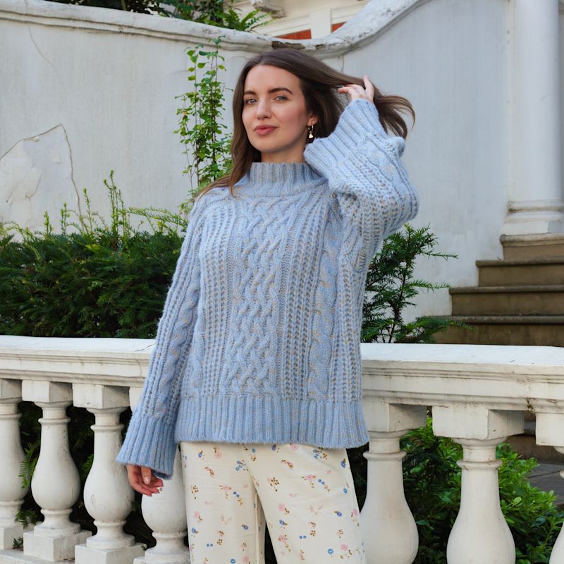 Sarah High Neck Cable Wide Sleeve Jumper - Blue | Cara & The Sky | Wolf ...
