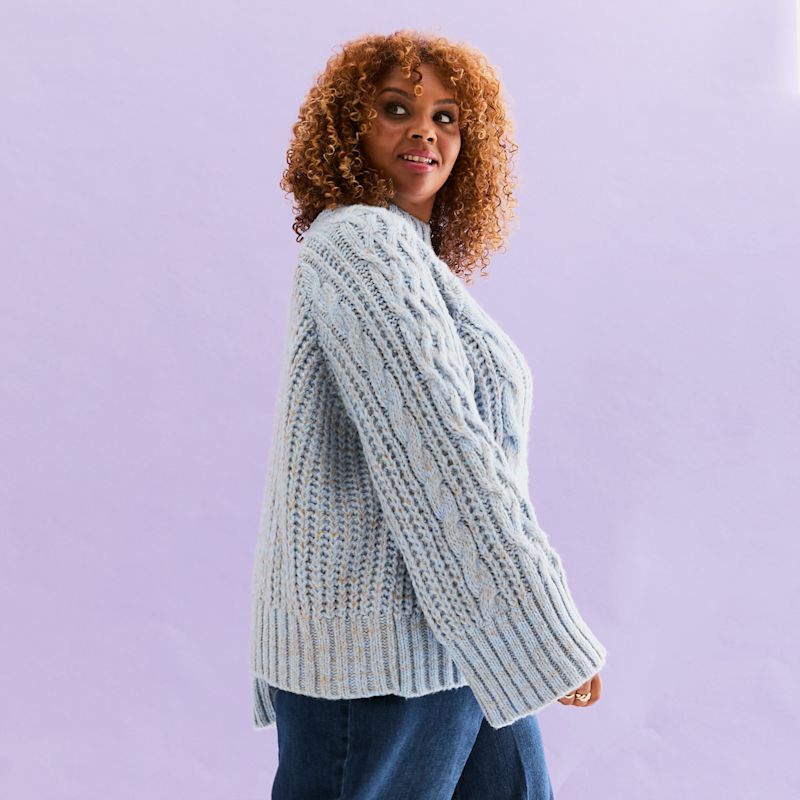 Sarah High Neck Cable Wide Sleeve Jumper - Blue | Cara & The Sky | Wolf ...