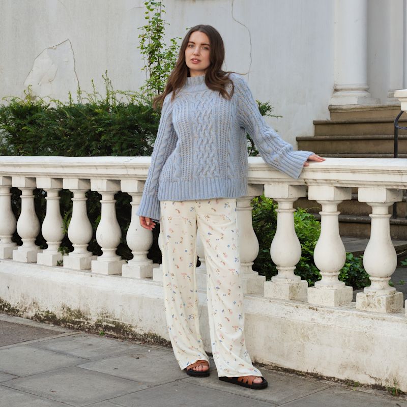 Sarah High Neck Cable Wide Sleeve Jumper - Blue | Cara & The Sky | Wolf ...