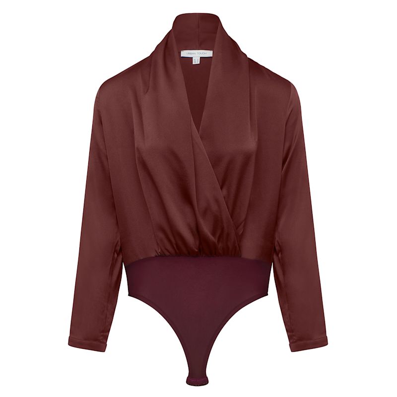 Satin Wrap Front Bodysuit Chocolate | Urban Touch | Wolf & Badger