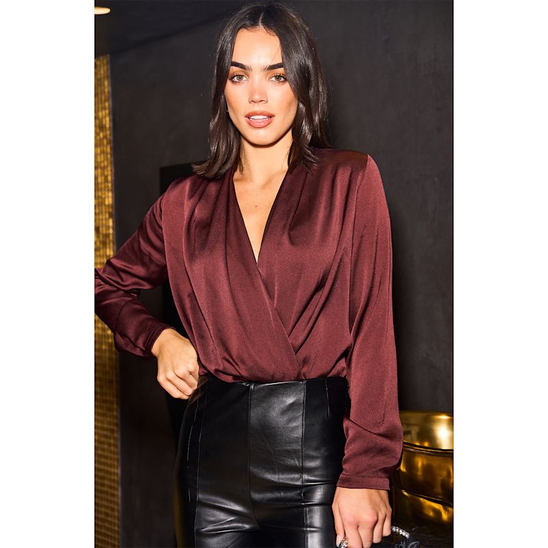 Satin Wrap Front Bodysuit Chocolate | Urban Touch | Wolf & Badger