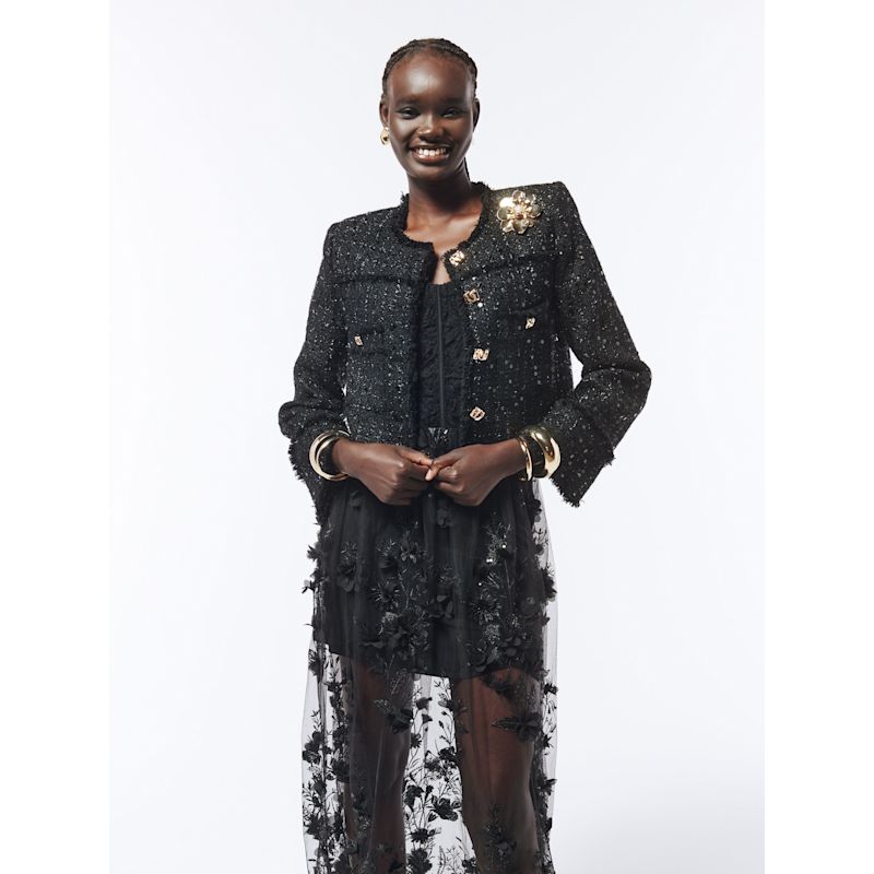 Sequined Brooch-Detail Bouclé Tweed Jacket In Black | SOUR FIGS | Wolf ...