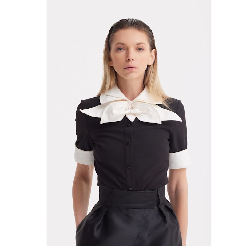 Short Sleeve Formal Bow Blouse - Black | Julia Allert | Wolf & Badger