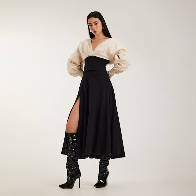 Signora Black & Beige Midi Cotton Corset Dress | Alina Cernatescu ...