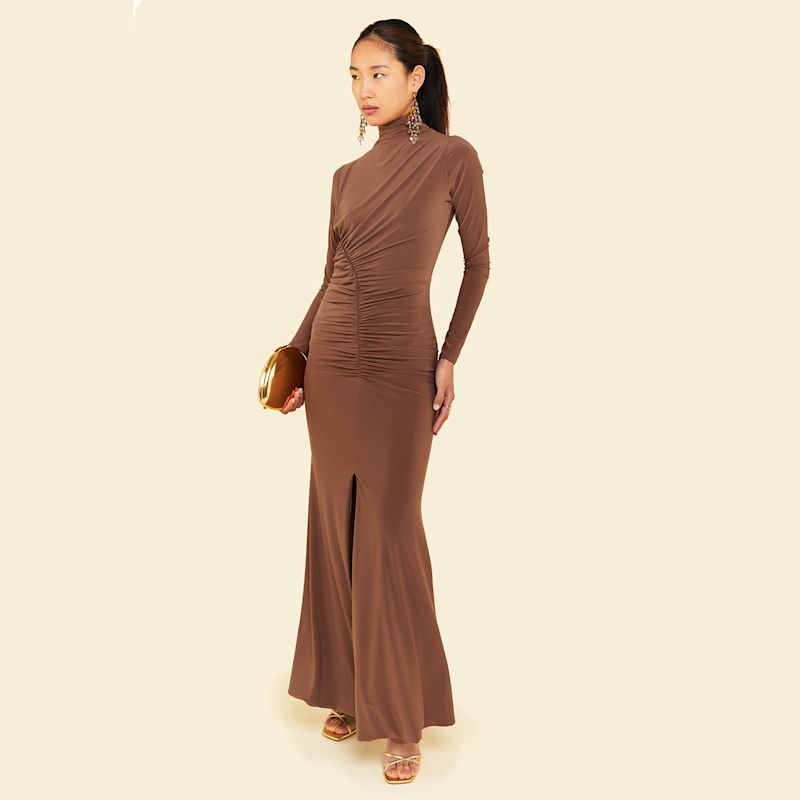 Silene Maxi Dress In Woodsmoke Tan | Celestine & Mae | Wolf & Badger