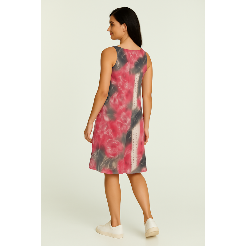 Sleeveless Midi Dress – Abstract Red Print, Sheer Nylon Mesh, Fully ...
