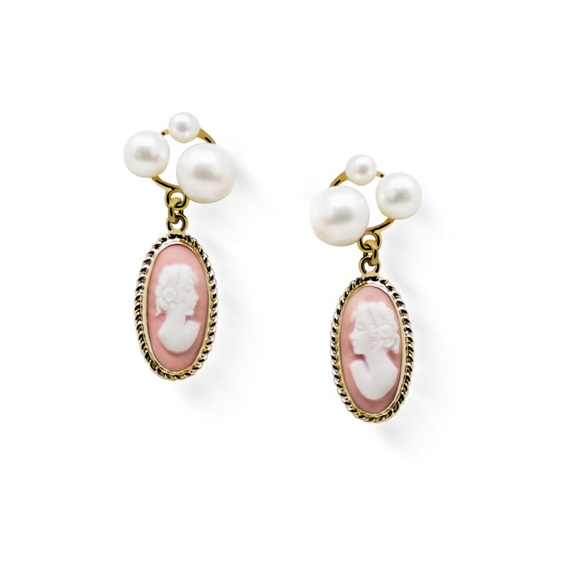 Lilith Pink Cameo Stud Earrings With Pearls | Vintouch Italy | Wolf ...