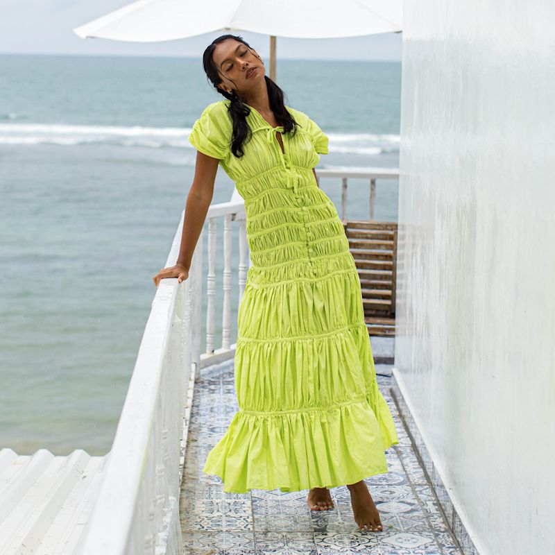 Srikandi Ruffle Maxi Dress In Lime Green | Brunna.Co | Wolf & Badger