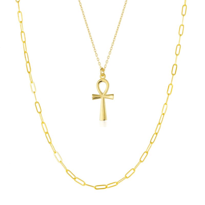 Sterling Silver Egyptian Ankh & Large Rectangular Chain Necklace - Gold ...