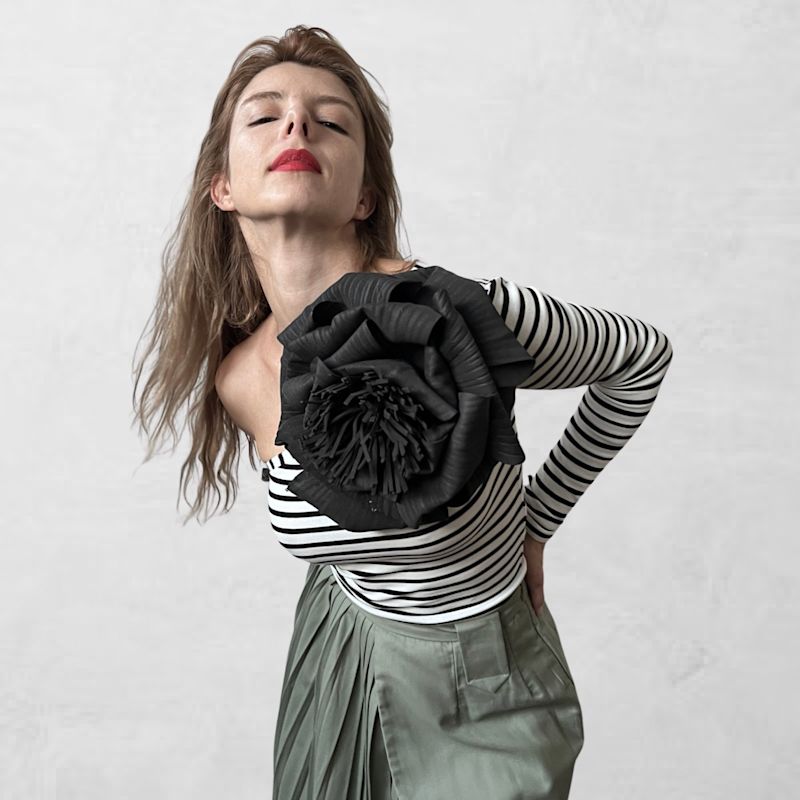 Striped One Sleeve Top With Black Flower Pin | London Atelier Byproduct ...