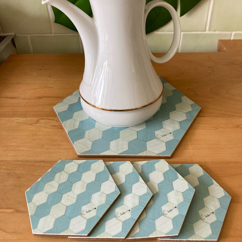 Tea Or Coffee Pot Stand And Four Coasters In Light Blue And Grey Mid ...