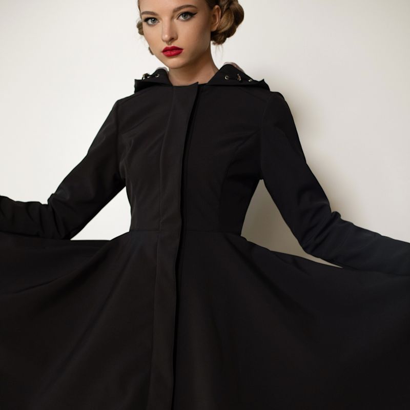 Fitted & Flared Black Waterproof Coat With Hood: Midnight Black ...