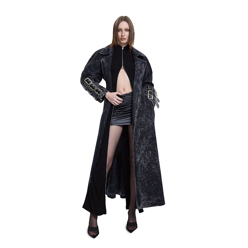 Voidwalker Trench Coat In Black Acid Wash | Khela the Label | Wolf & Badger