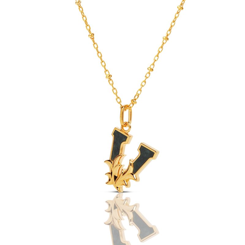 Gold Plated V Initial Necklace With Green Marble | Kasun | Wolf & Badger