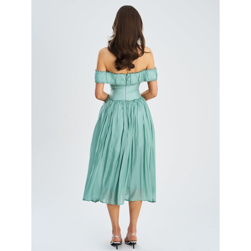 Xavy Teal Green Off Shoulder Corset Midi Dress | Miss Circle New York ...