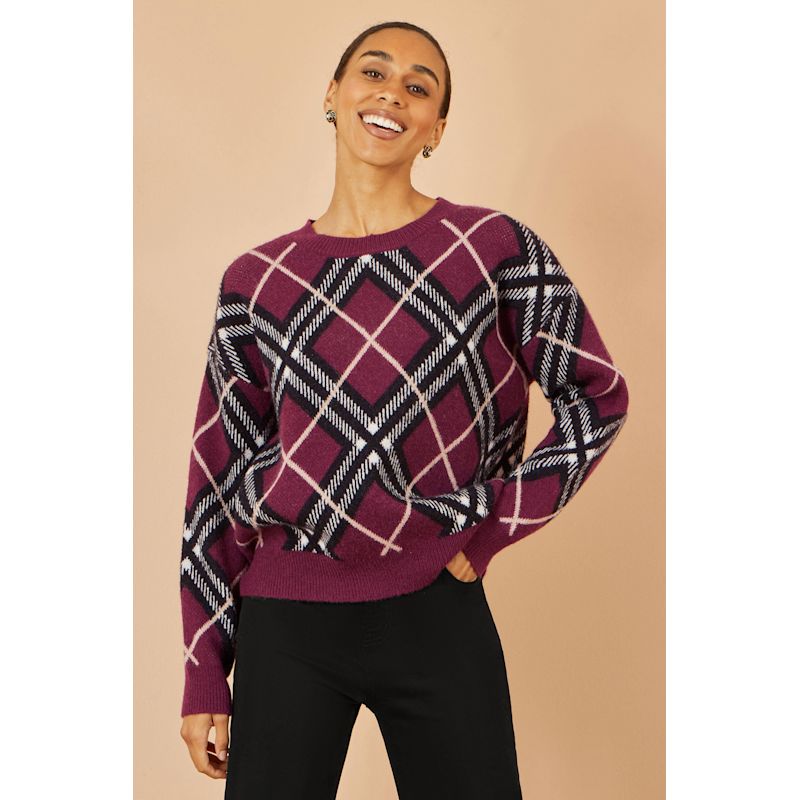 Yumi Burgundy Argyle Check Relaxed Jumper | Yumi | Wolf & Badger
