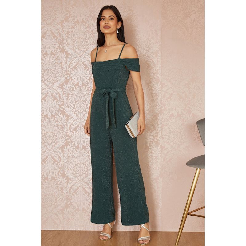 Yumi Green Sparkle Stretch Bardot Jumpsuit | Yumi | Wolf & Badger