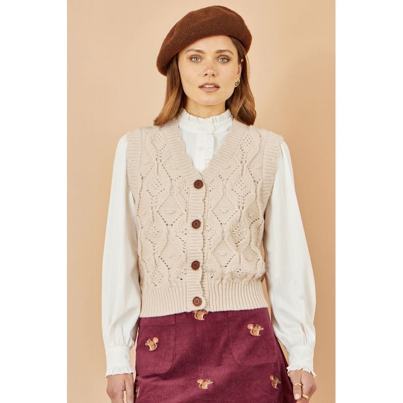 Yumi Oatmeal Button Up Chunky Cable Knit Waistcoat | Yumi | Wolf & Badger