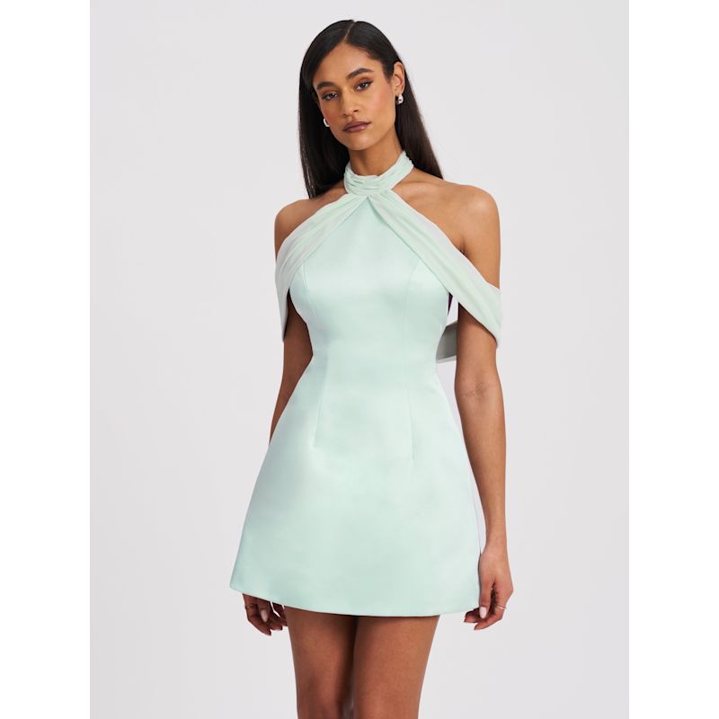Zafrina Light Cyan Halter Off-Shoulder Backless Mini Dress | Miss ...